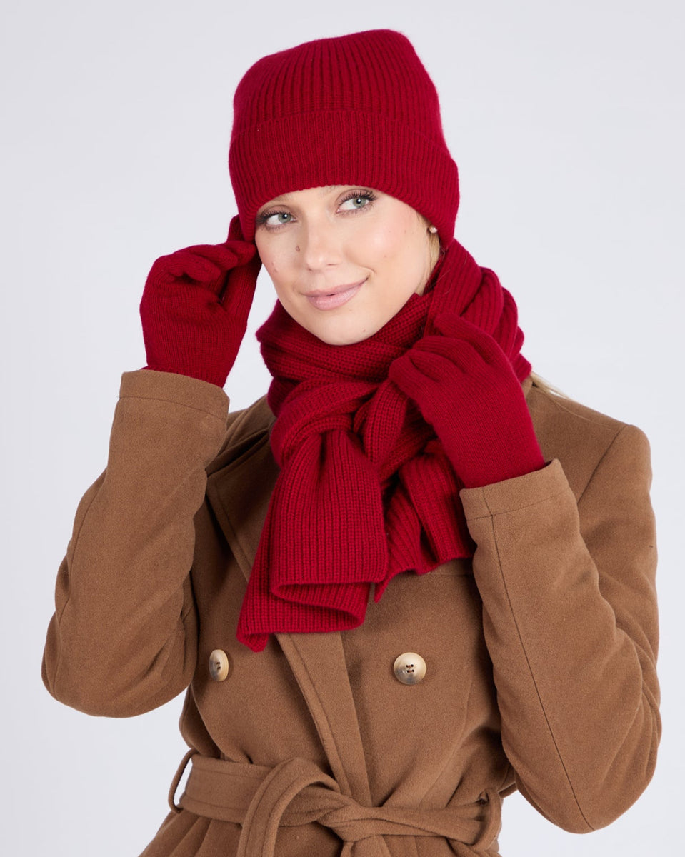 Foxford Cashmere Cosy Bundle in Red | 100% Cashmere Hat, Scarf & Gloves Set