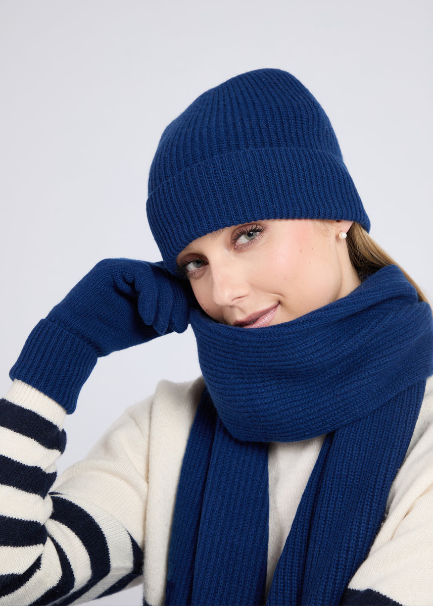 FOXFORD Cashmere Bundle – Navy 100% Cashmere Hat, Scarf & Gloves Set ...